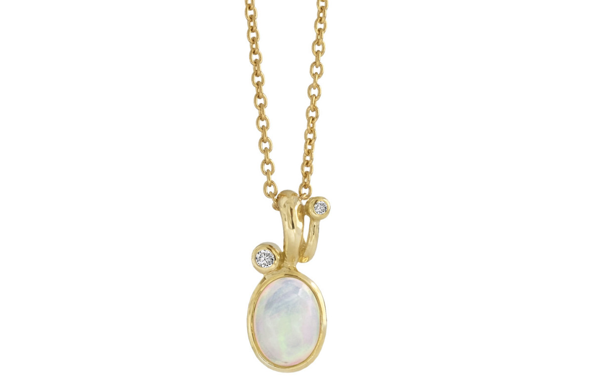 Elegant Opal collier → guld, hvid opal & diamant