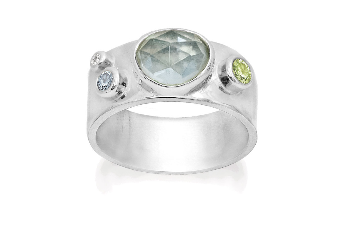 Calm Creek ringen → sølv, hydro aquamarin, zirkonia & peridot
